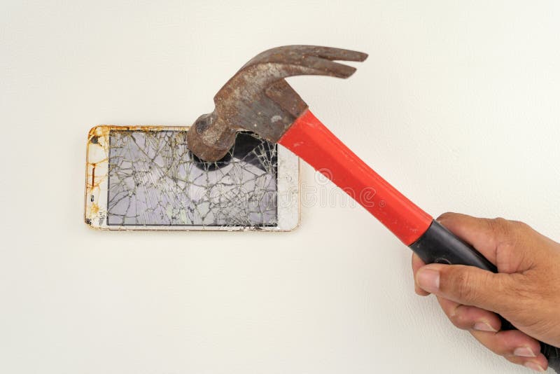Hand Holding Hammer Hit To the Broken Phone Stock Photo - Image of ...
