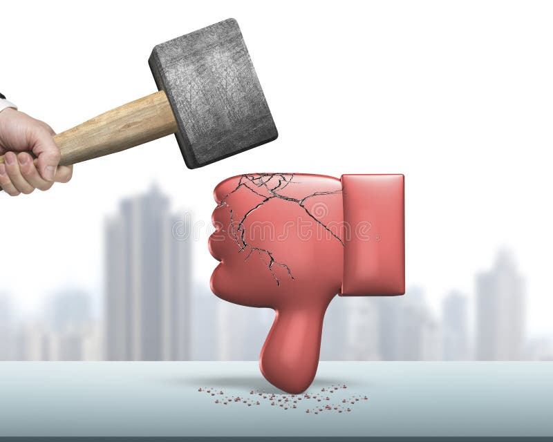 Hand Holding Hammer Hitting Red Thumb Down with Cracks Stock Image ...