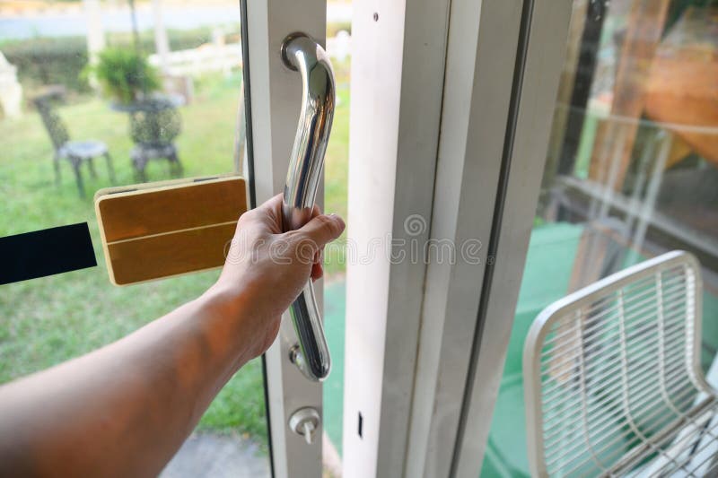 Hand Holding Handle Sliding Glass Door Stock Image - Image of design ...