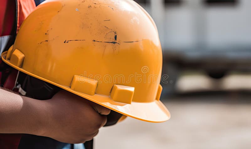 Hand Holding Hard Hat on a Construction Site. Creating Using Generative ...