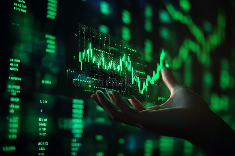 Hand Holding Hologram with Green Glowing Digital Graph and Data Matrix ...