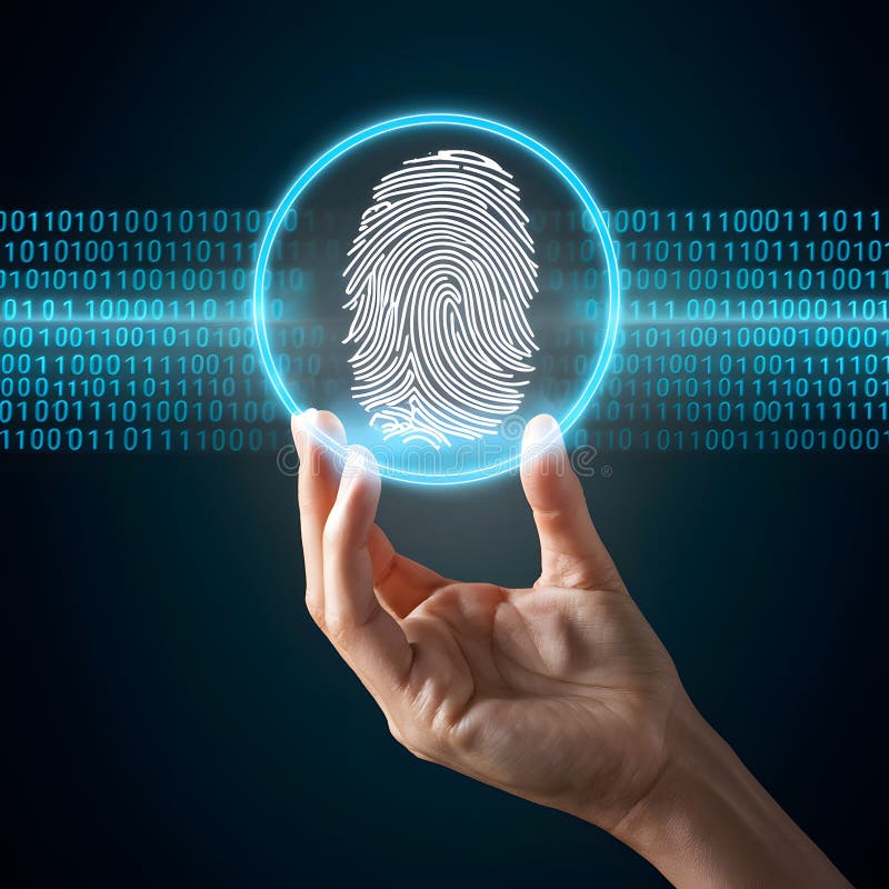 Hand Holding Holographic Fingerprint, Dark Background with Binary Code ...