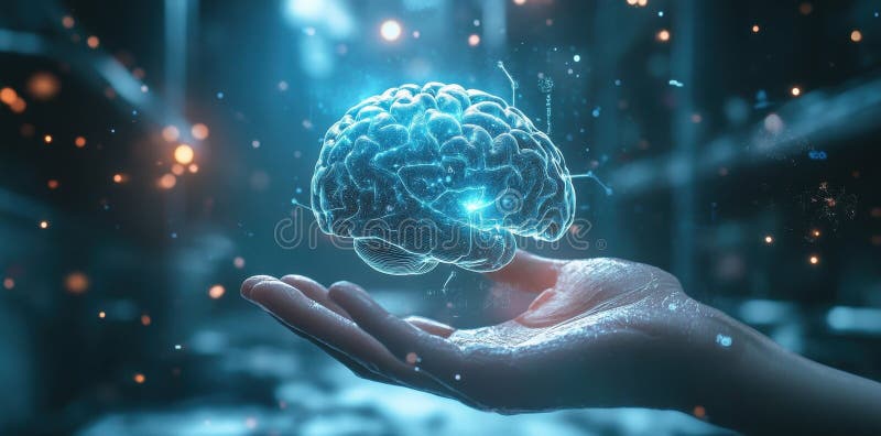 A Hand Holding a Holographic Representation of a Human Brain Stock ...