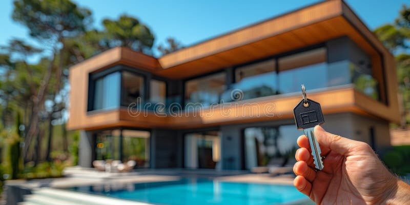 Hand Holding a House Key in Front of a Modern Luxury Home with a Pool ...