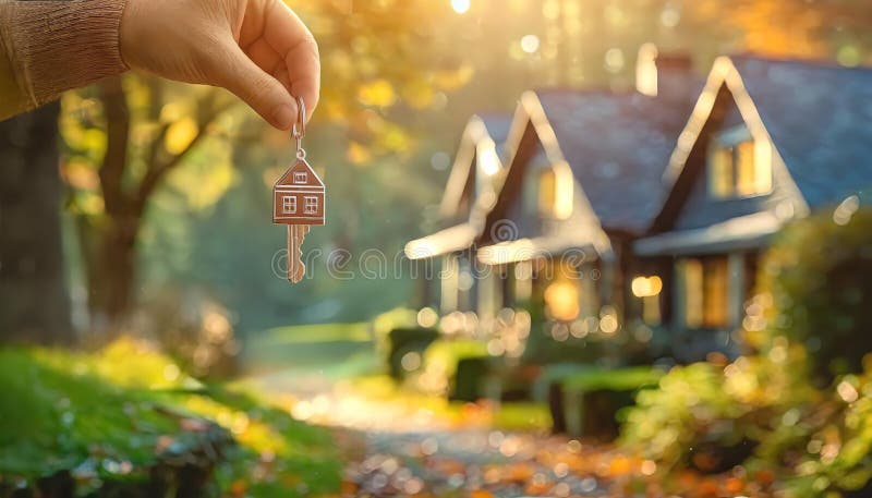 Hand Holding a House Key in Front of a Sunlit Home, Representing Home ...