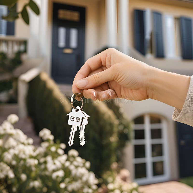 A Hand Holding House Keys in Front of a Beautiful Home Stock Image ...