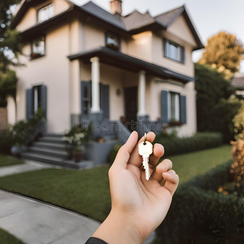A Hand Holding House Keys in Front of a Beautiful Home Stock Image ...