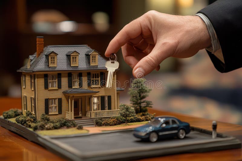 Hand Holding House Keys Near House Model and Car Stock Illustration ...