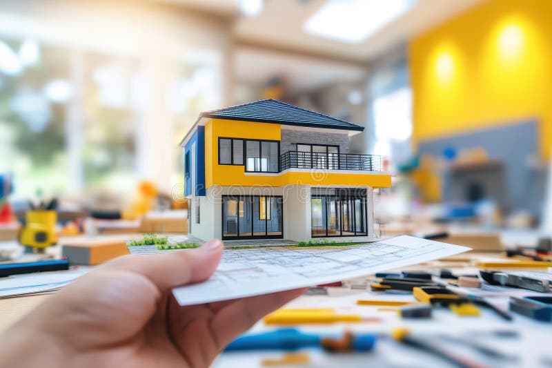 Hand Holding House Model and Architectural Plans Stock Illustration ...