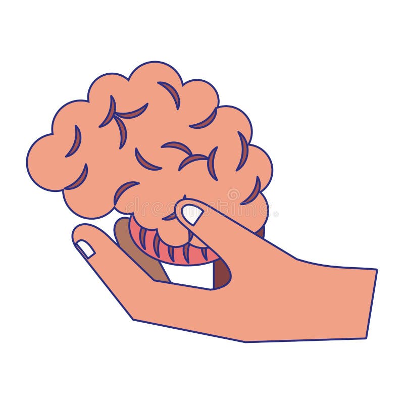 Hand Holding Human Brain Symbol Isolated Blue Lines Stock Vector ...