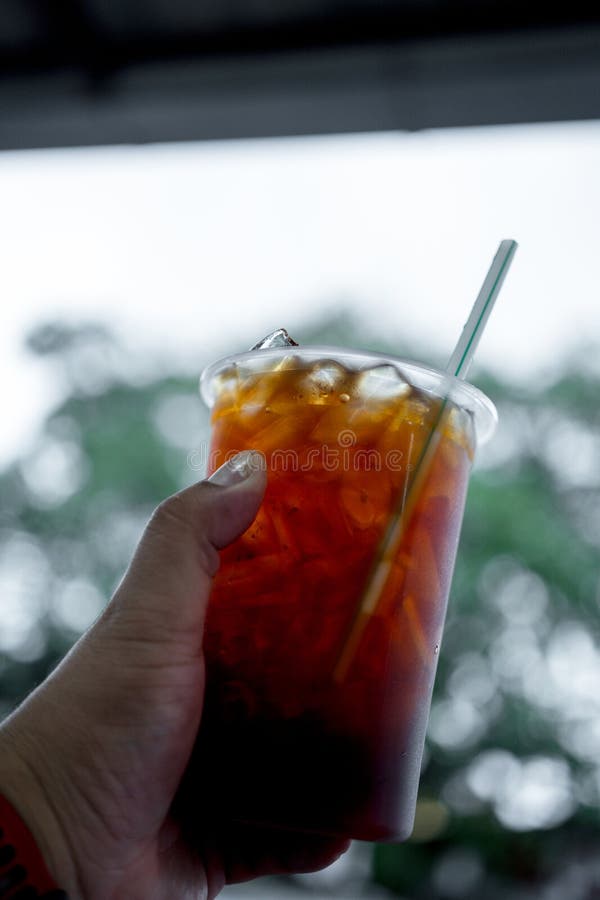 Hand Holding Ice Black Tea in Takeaway Glass Stock Image - Image of ...