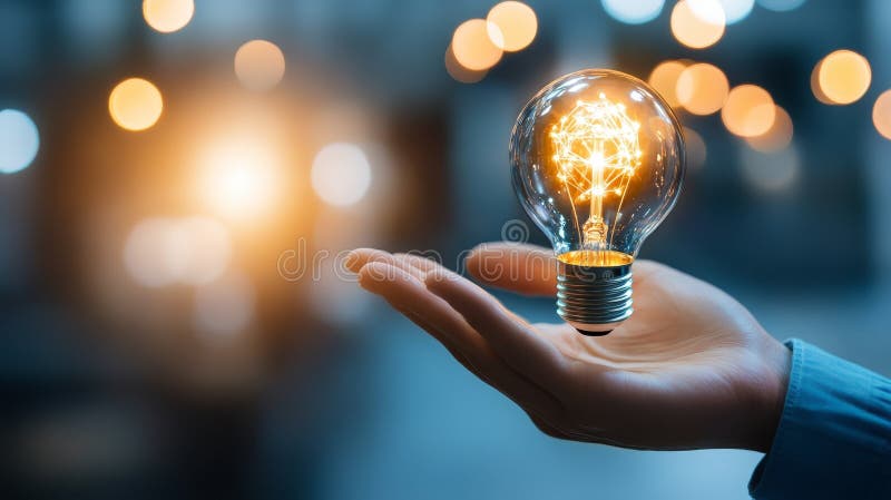 Hand Holding Illuminated Light Bulb in Focus Stock Illustration ...