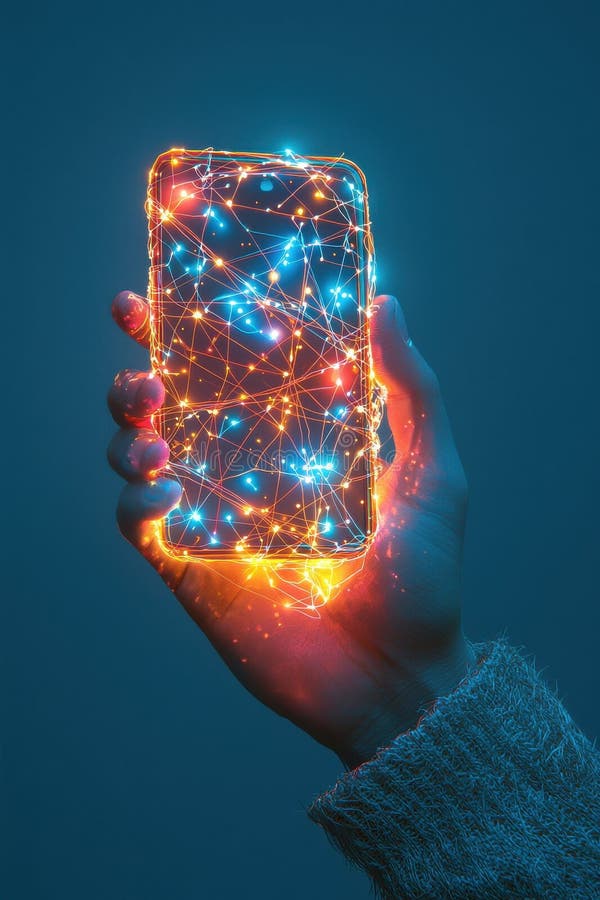 Hand Holding IPhone with Glowing Neon Light Connections Stock Image ...
