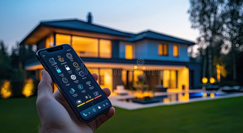 Hand Holding IPhone with Smart Home App in Front of Modern House Stock ...