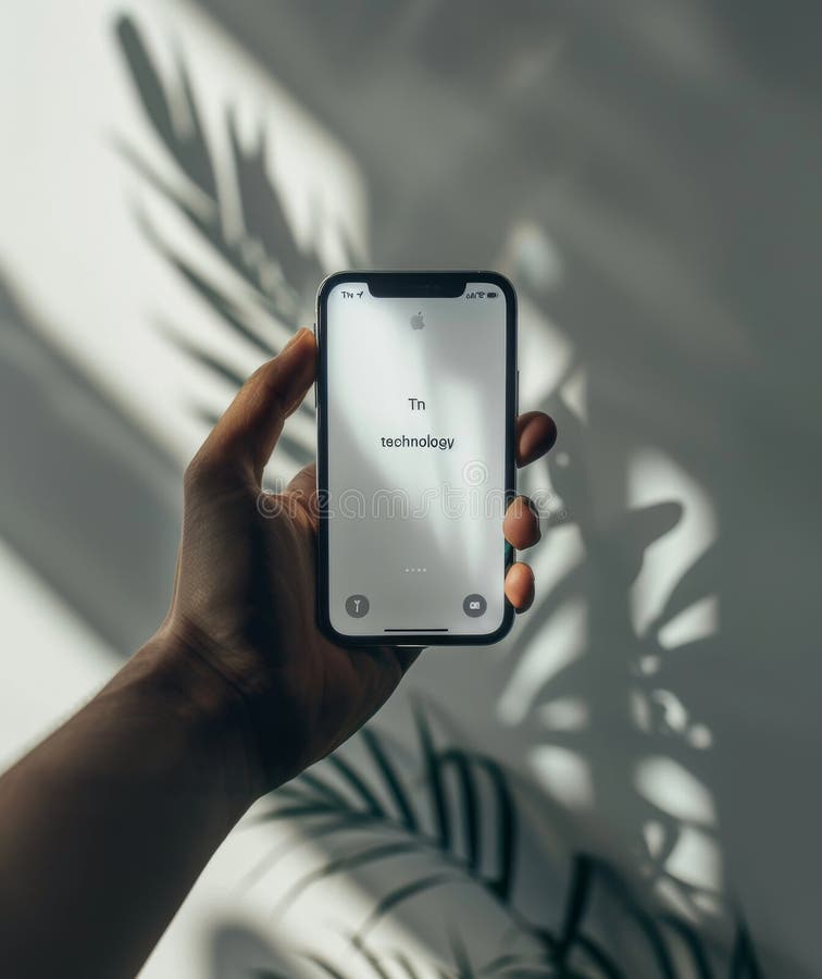 Hand Holding an IPhone with Shadow of Plant Leaves in the Background ...