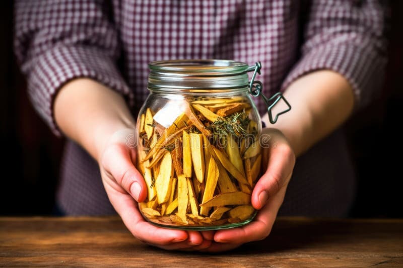 Hand Holding a Jar Filled with Crispy Homemade Parsnip Chips Stock ...