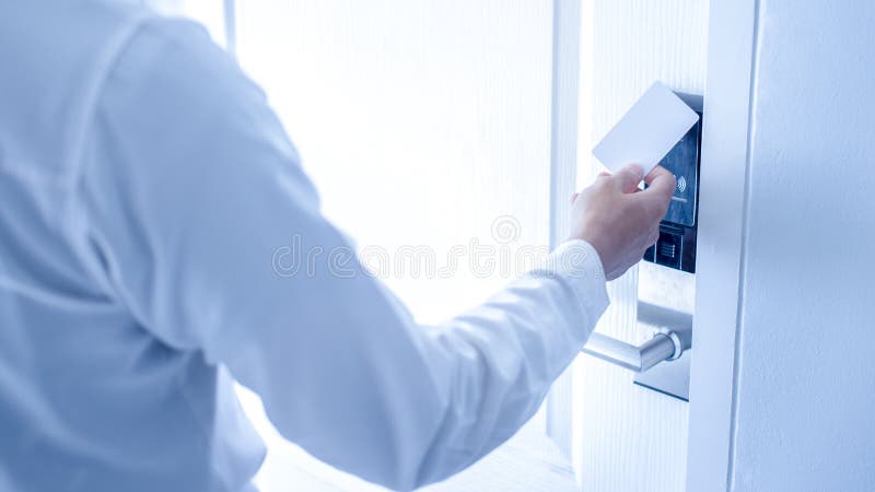 Hand Holding Key Card Using Electronic Card for Access Hotel Room Stock ...