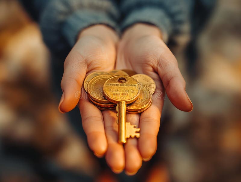 A Hand Holding a Key and Coins Stock Image - Image of open, protection ...