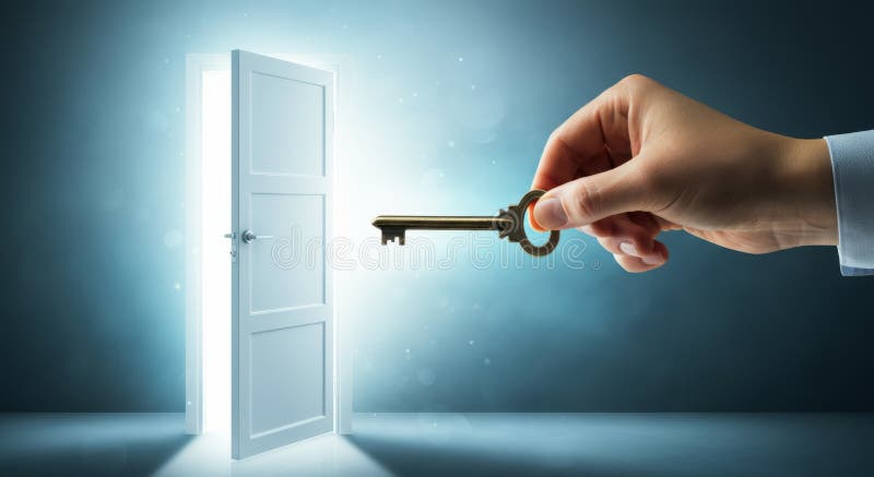 Hand Holding a Key in Front of a Door Stock Photo - Image of estate ...