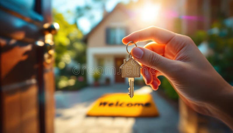 Hand Holding Key with House Keychain in Front of Sunlit Home Stock ...