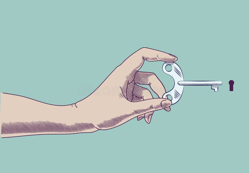 Hand Holding Key at Keyhole. Concept Illustration in Retro Style Stock ...