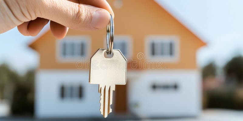 Hand Holding Keys in Front of a New House Symbolizing Ownership Stock ...