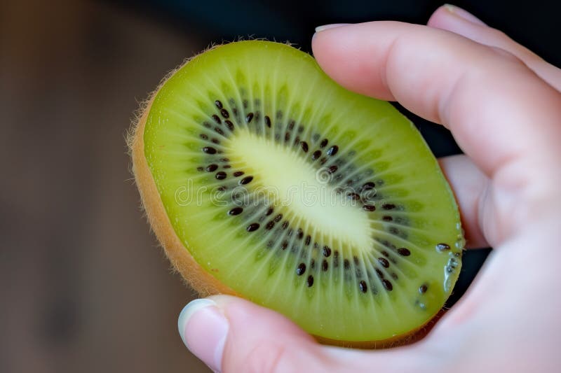 Hand Holding a Kiwi Half with Visible Seeds Stock Photo - Image of hand ...