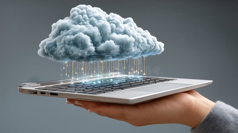 Hand Holding Laptop with 3D Cloud Downloading Data Rain Stock ...