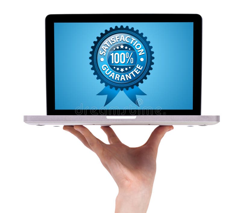 Hand Holding a Laptop with Satisfaction Guarantee Stock Photo - Image ...
