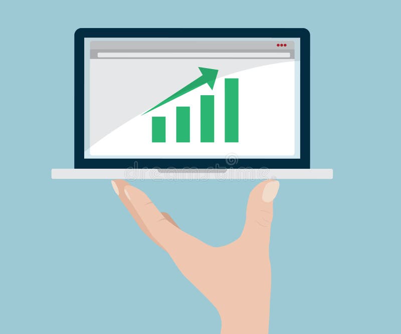 Hand Holding Laptop with Up Graph Stock Vector - Illustration of screen ...