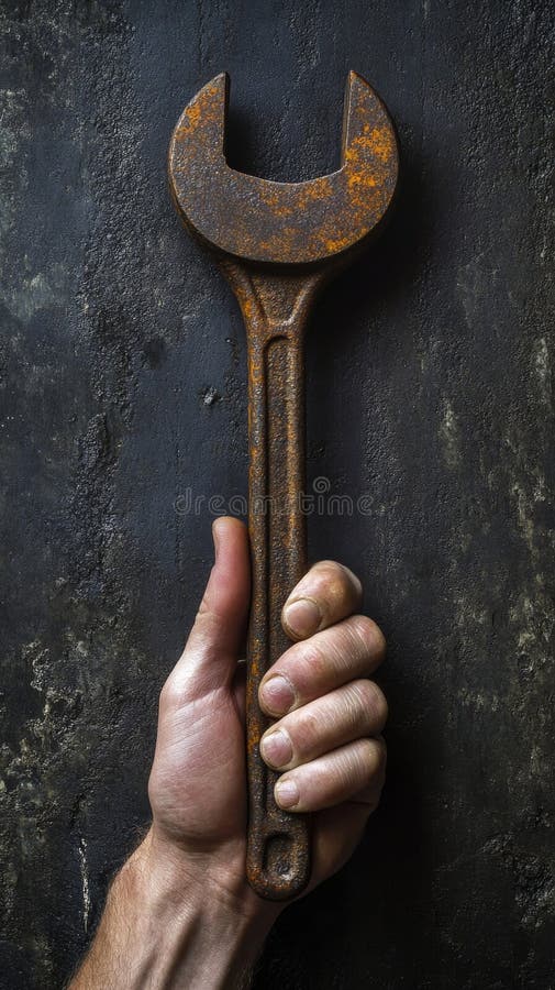 Hand Holding a Large Rusty Spanner Against a Dark Textured Background ...