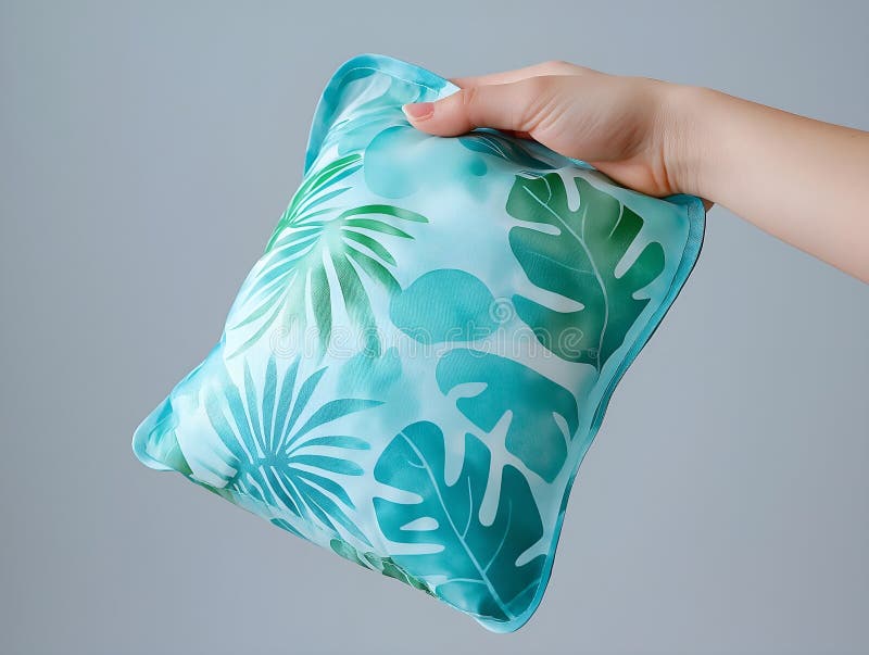 Hand Holding a Light Blue Pouch with a Pattern of Leaves in Different ...