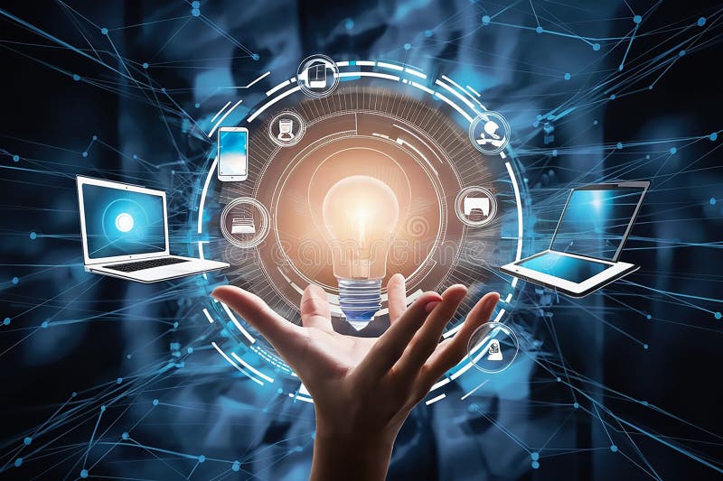 Businessman Hand Holding Creative Light Bulb with Industry Network ...