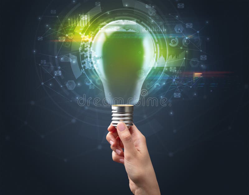 Hand Holding Light Bulb on Dark Background Stock Illustration ...