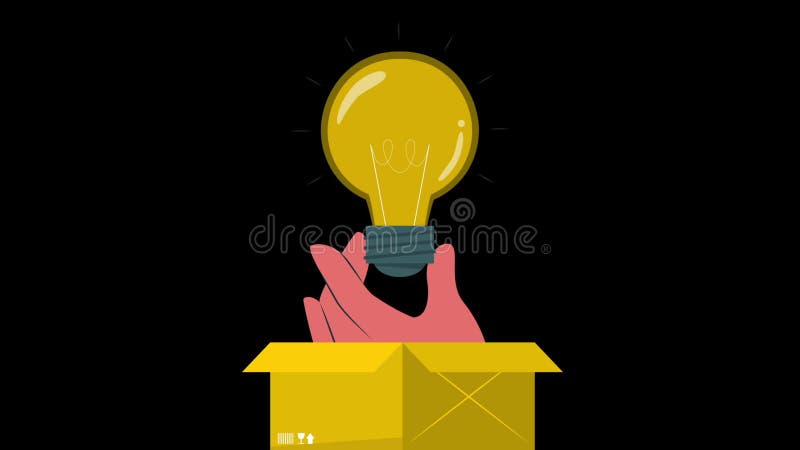 Hand Holding Light Bulb Emerging from Box on Black Background Stock ...
