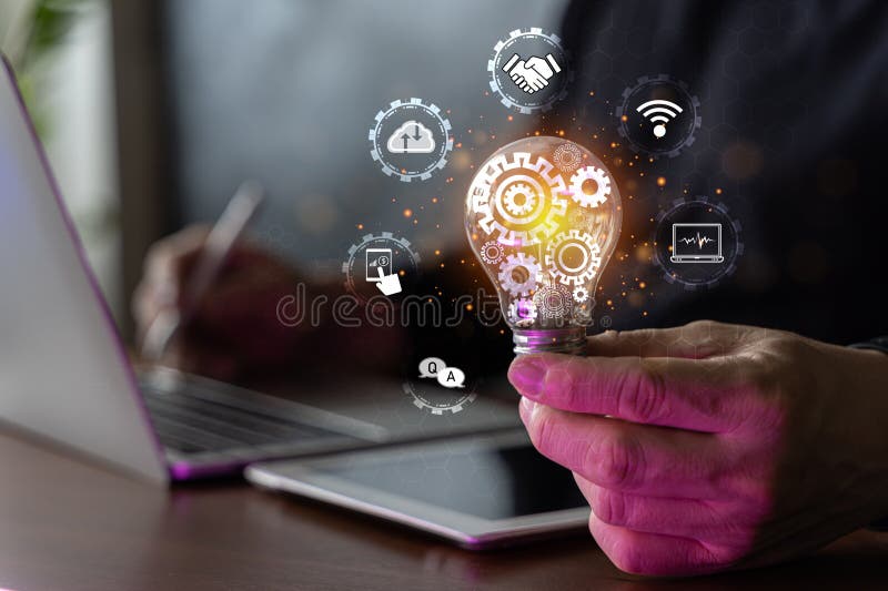 Hand Holding Light Bulb, Global Internet Connection Cloud Computing ...