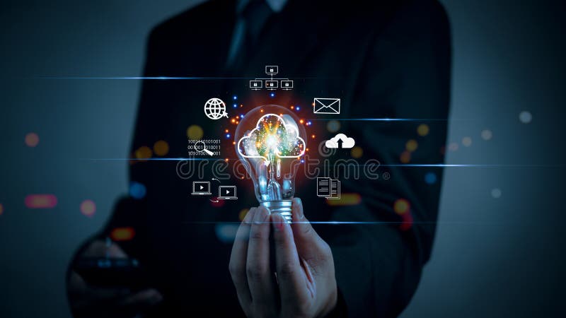 Hand Holding Light Bulb Global Internet Connection. Innovation Cloud ...