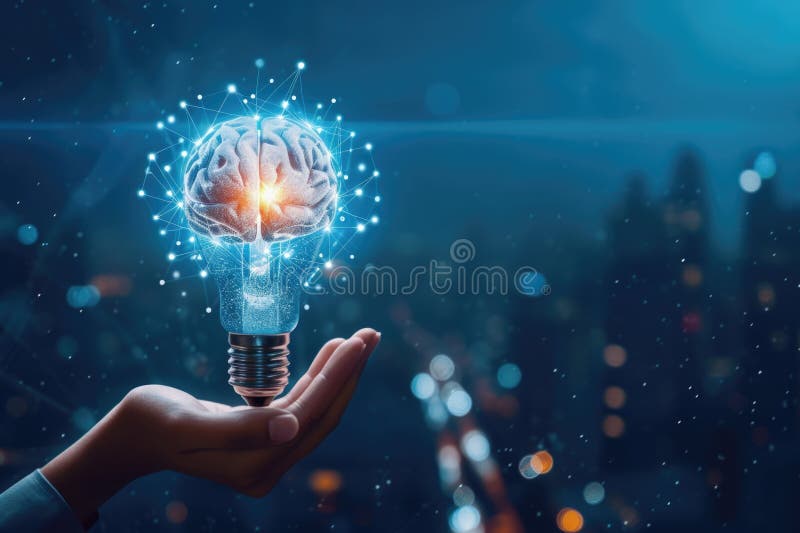 Hand Holding a Light Bulb with a Glowing Brain Stock Image - Image of ...