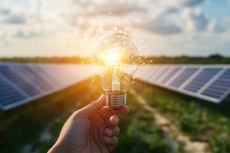 Hand Holding Light Bulb in Solar Panel Field Symbolizing Green Energy ...
