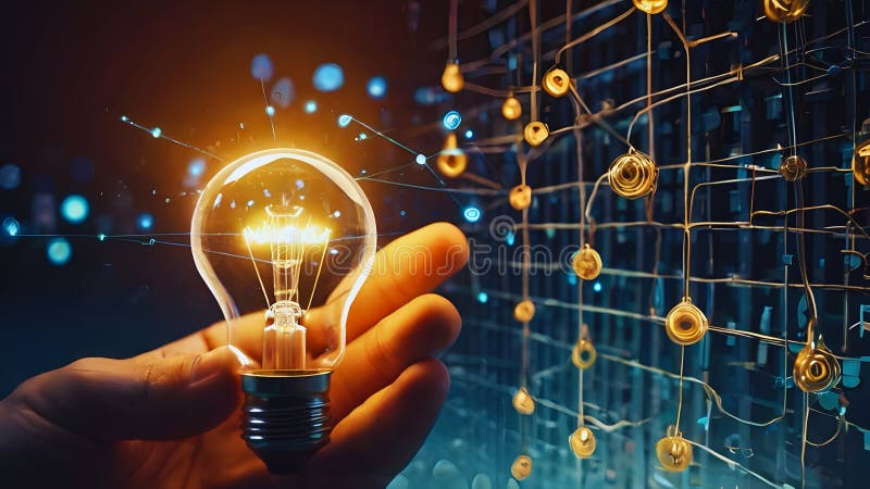 Hand-holding Light Bulb and Technology Icons on Network Connection ...
