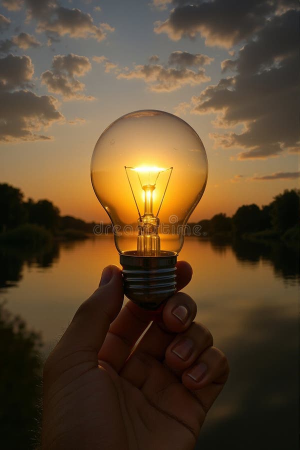Hand Holding Lightbulb Against Sunset Lake Stock Image - Image of ...