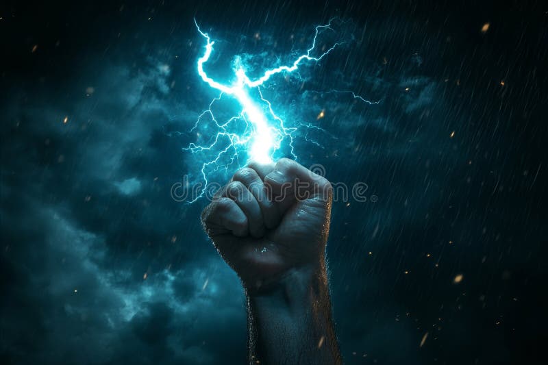 A Hand Holding a Lightning Bolt in the Rain Stock Photo - Image of ...