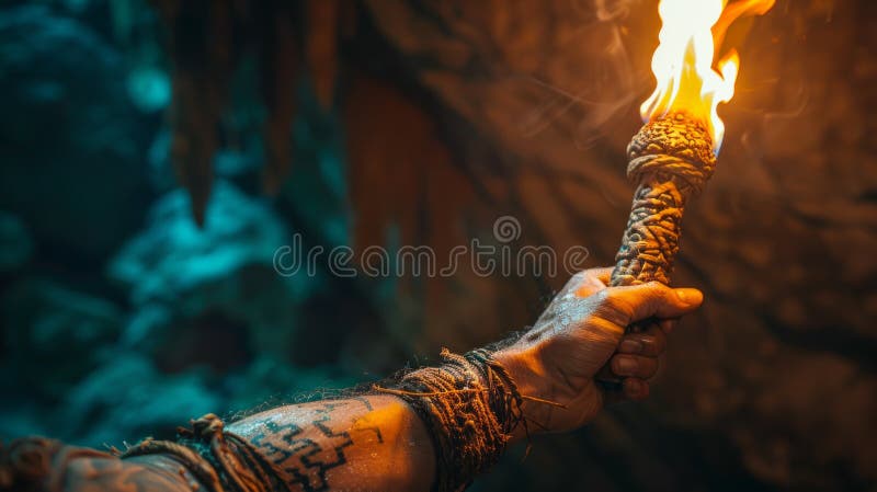A Hand Holding a Lit Torch in a Cave. Stock Image - Image of history ...