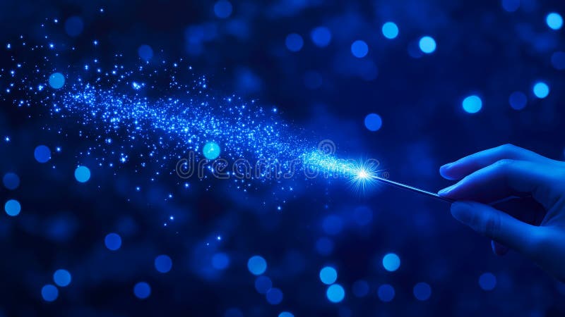 Hand Holding Magic Wand Creating Sparkling Light Trail on Blue Bokeh ...