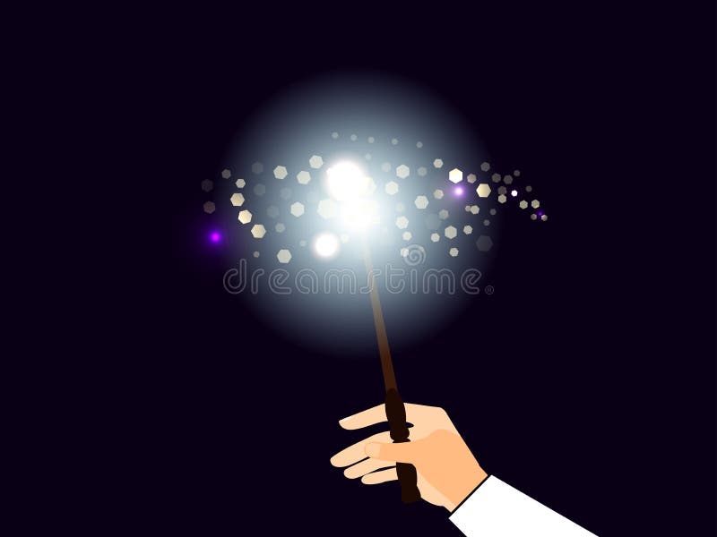 Hand Holding a Magic Wand. Magic Bright Light with Sparks Stock Vector ...