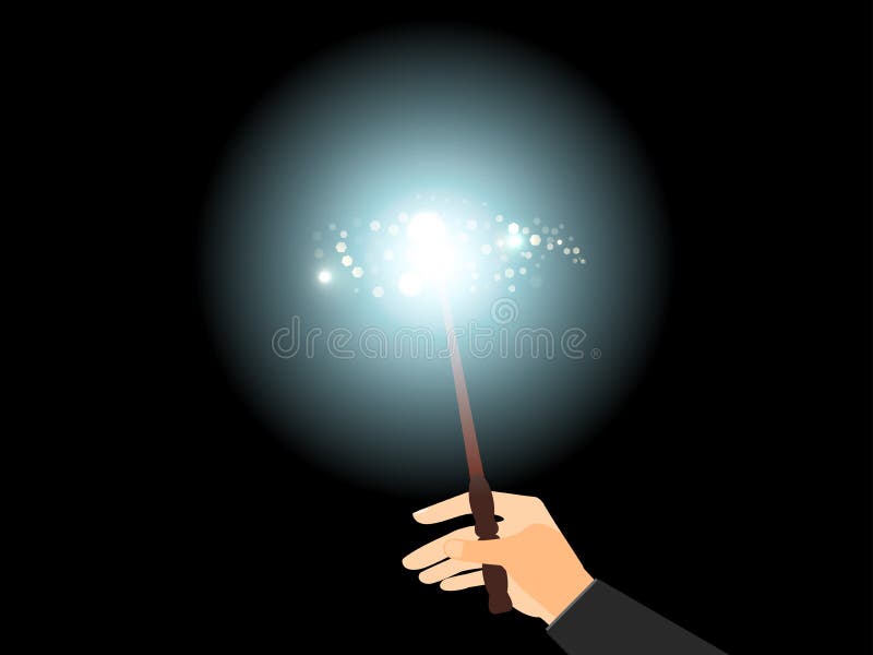 Hand Holding a Magic Wand. Magic Bright Light with Sparks. Stock Vector ...