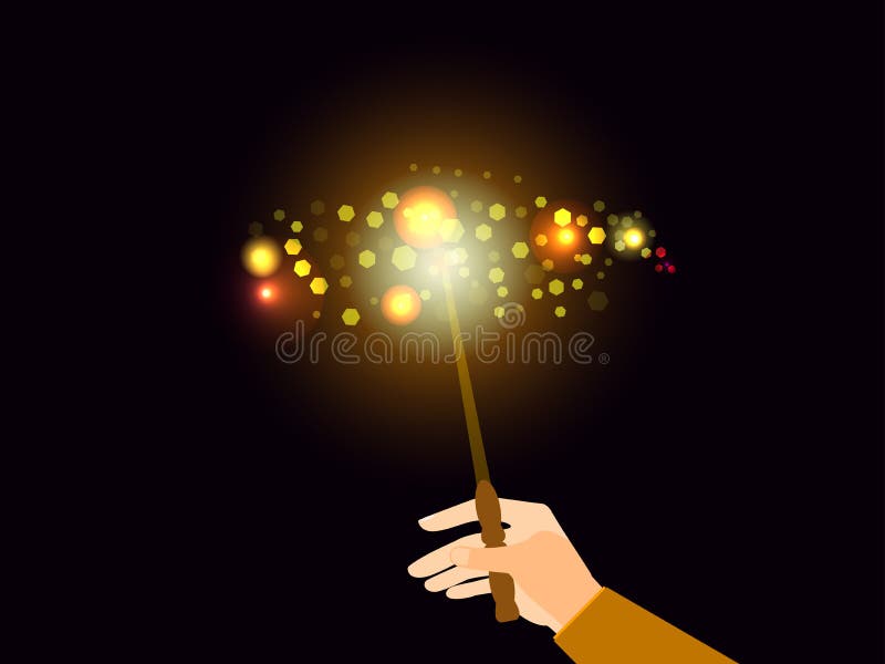 Hand Holding a Magic Wand. Magic Bright Light with Sparks Stock Vector ...