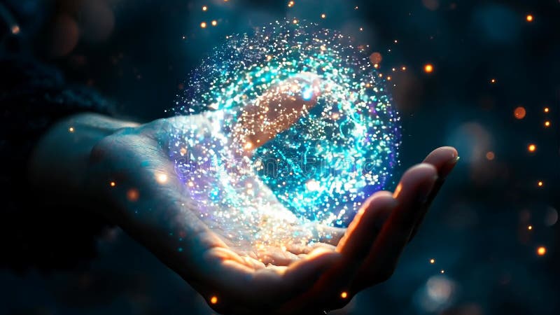 Hand Holding Magical Energy Orb with Dynamic Particle Effects Stock ...