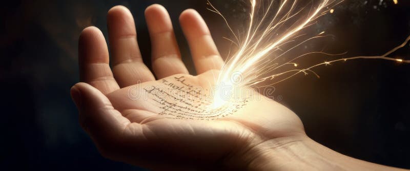 Hand Holding Magical Sparks with Script Stock Illustration ...