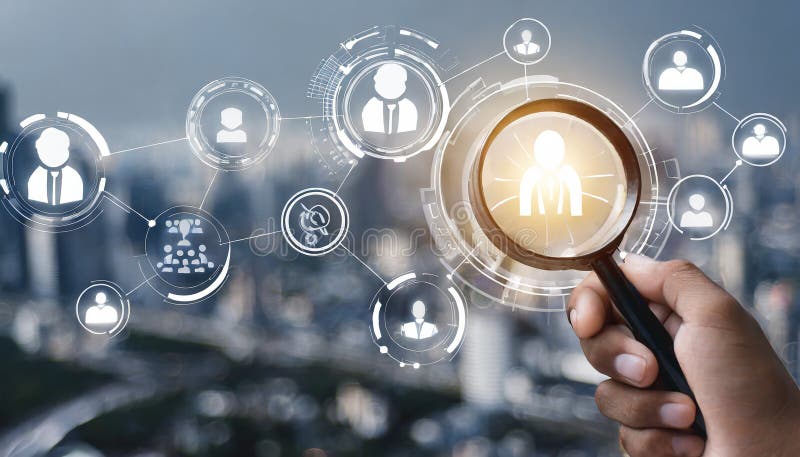 Hand Holding Magnifier Glass with Human Icon for Focus Customer Target ...